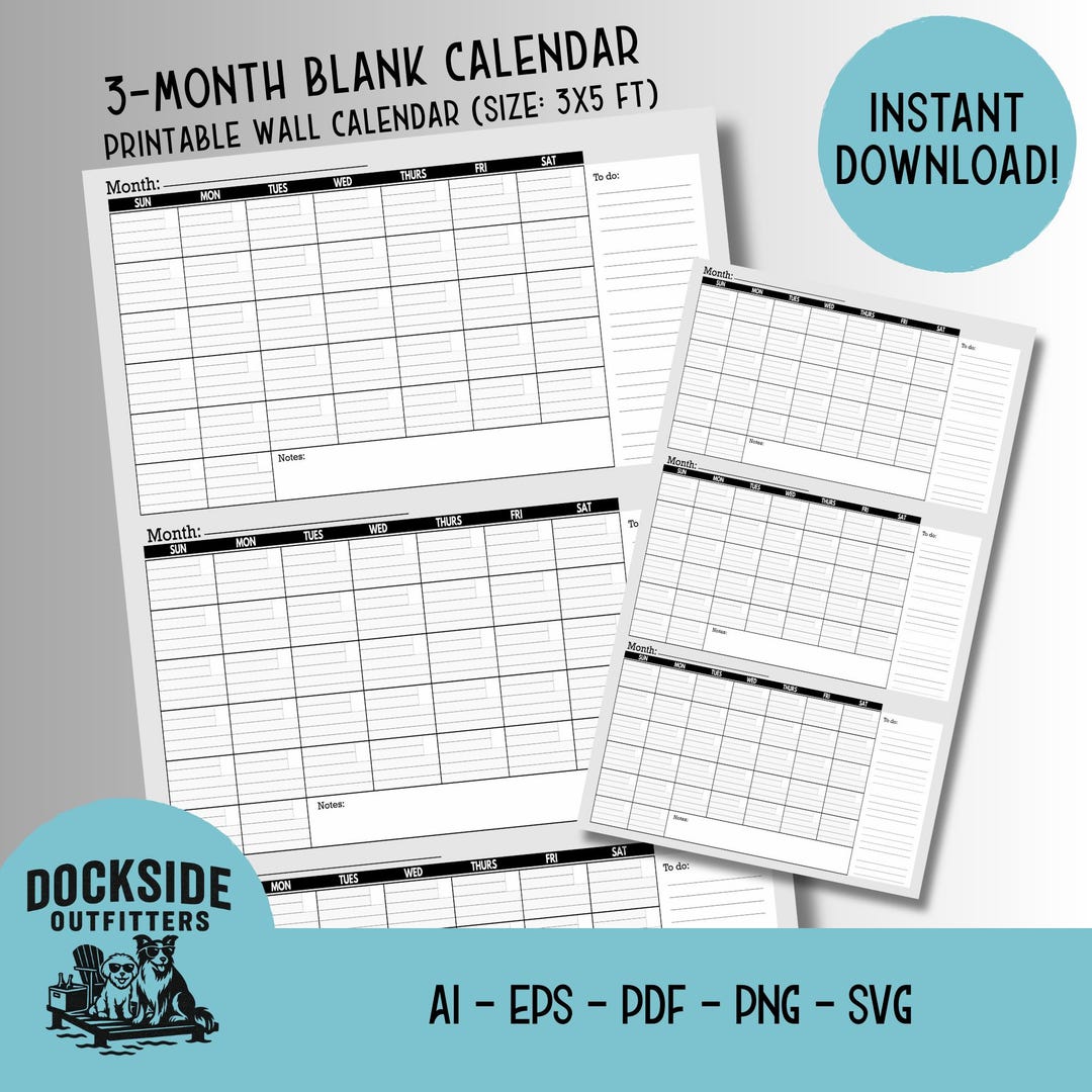 3 Month Blank Calendar, Large Wall Calendar Digital Download, Printable ...