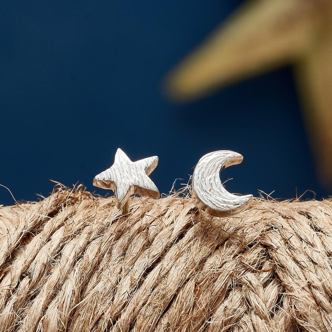 Twilight Moon & Star Studs - Mismatched Shimmering Sterling Silver Earrings for Girls and Teens ...
