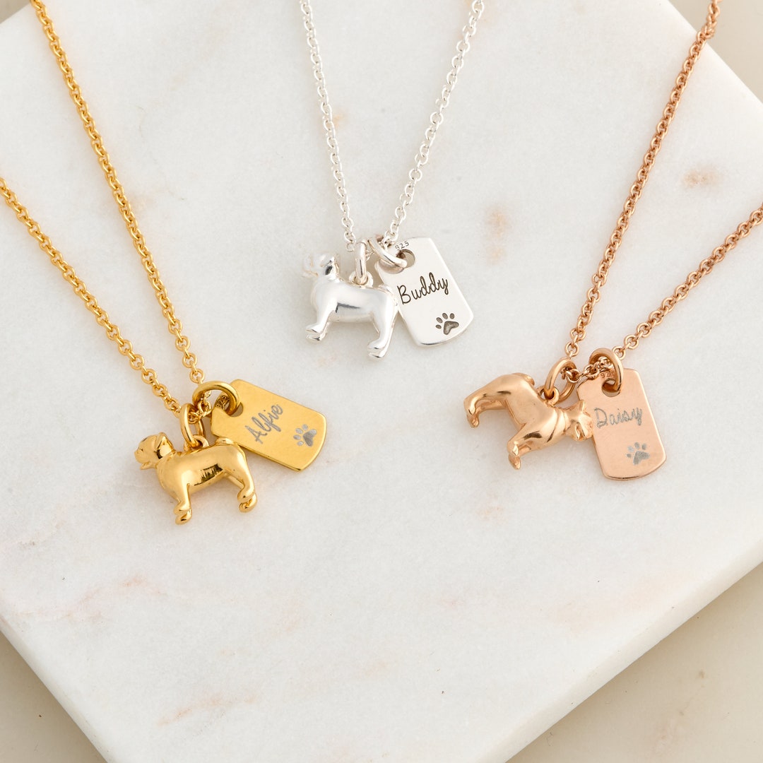 Engraved Pug Necklace: Sterling Silver Pug Dog Pendant, Pet Memorial ...