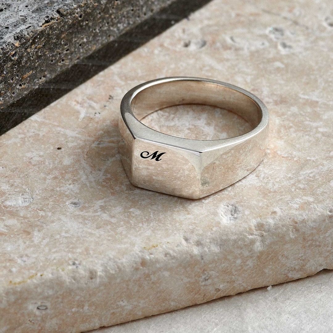 Custom Initial Sterling Silver Signet Ring - Engraved Bespoke Ring ...