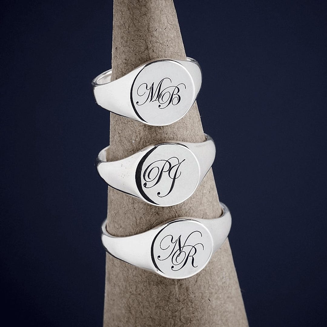 Script Initials Silver Signet Ring - Custom Engraved Overlapping ...