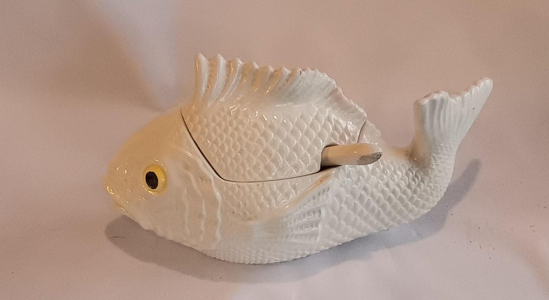 Vintage Ceramic Fish Tureen With Lid and Spoon White Coastal Serving ...