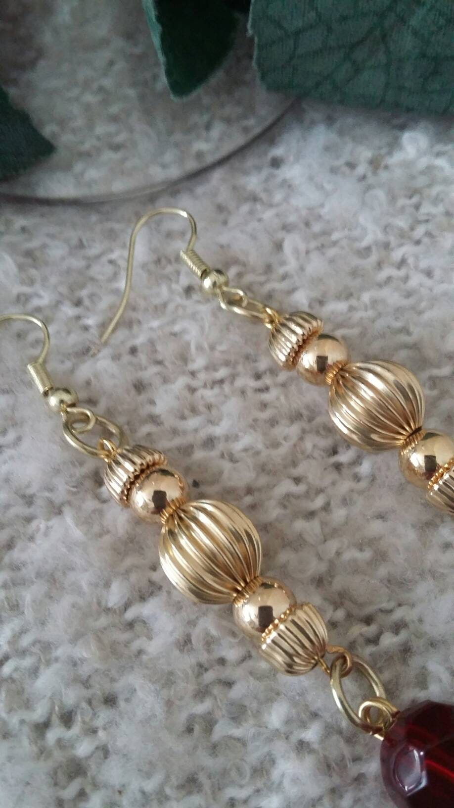 14K Gold Filled Bead With A Ruby Red Crystal Bead Dangle Earrings ...