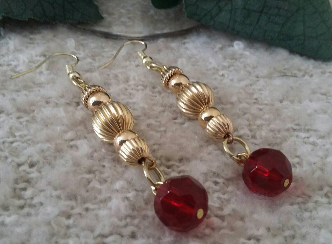 14K Gold Filled Bead With A Ruby Red Crystal Bead Dangle Earrings ...