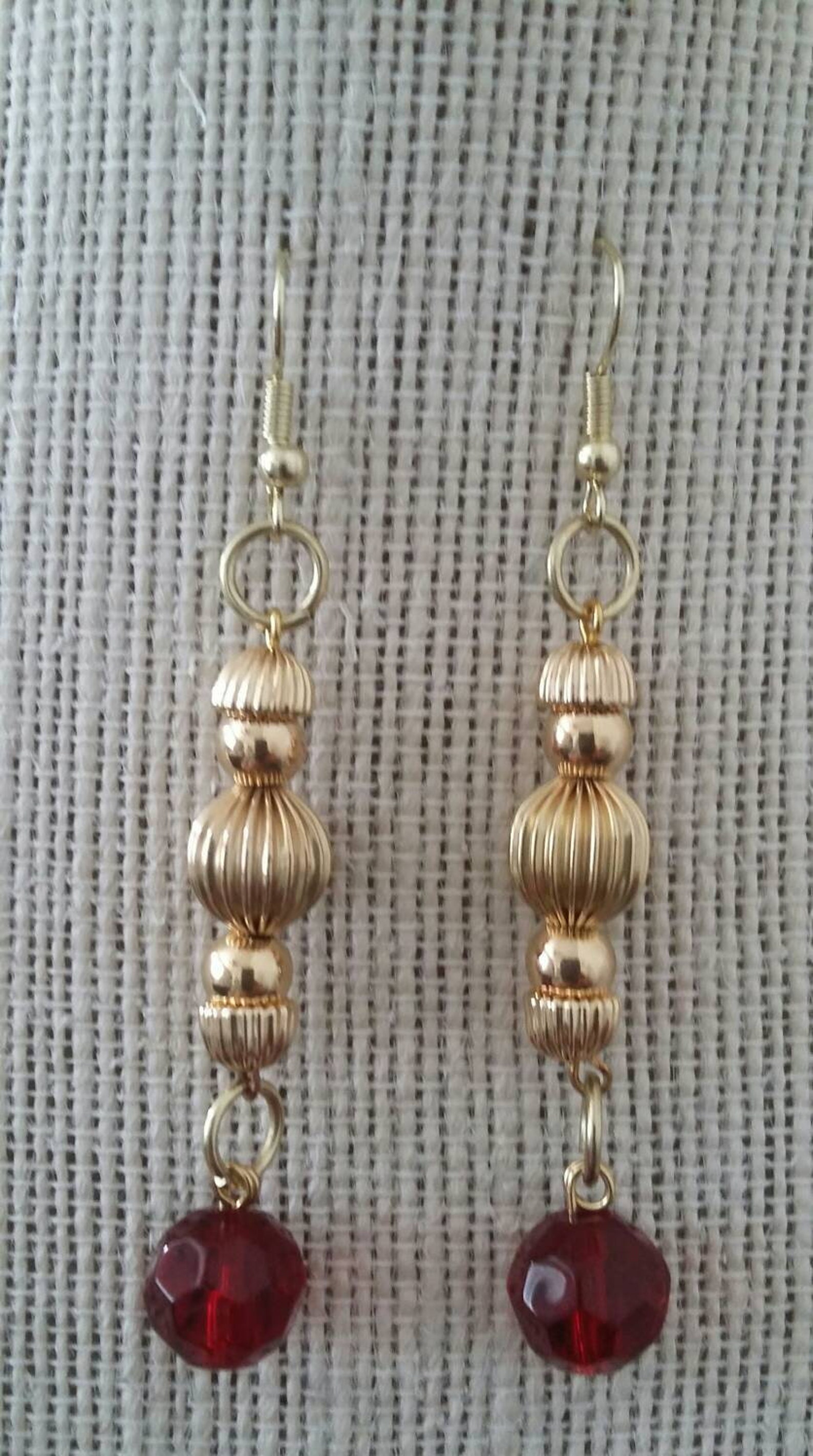 14K Gold Filled Bead With A Ruby Red Crystal Bead Dangle Earrings ...