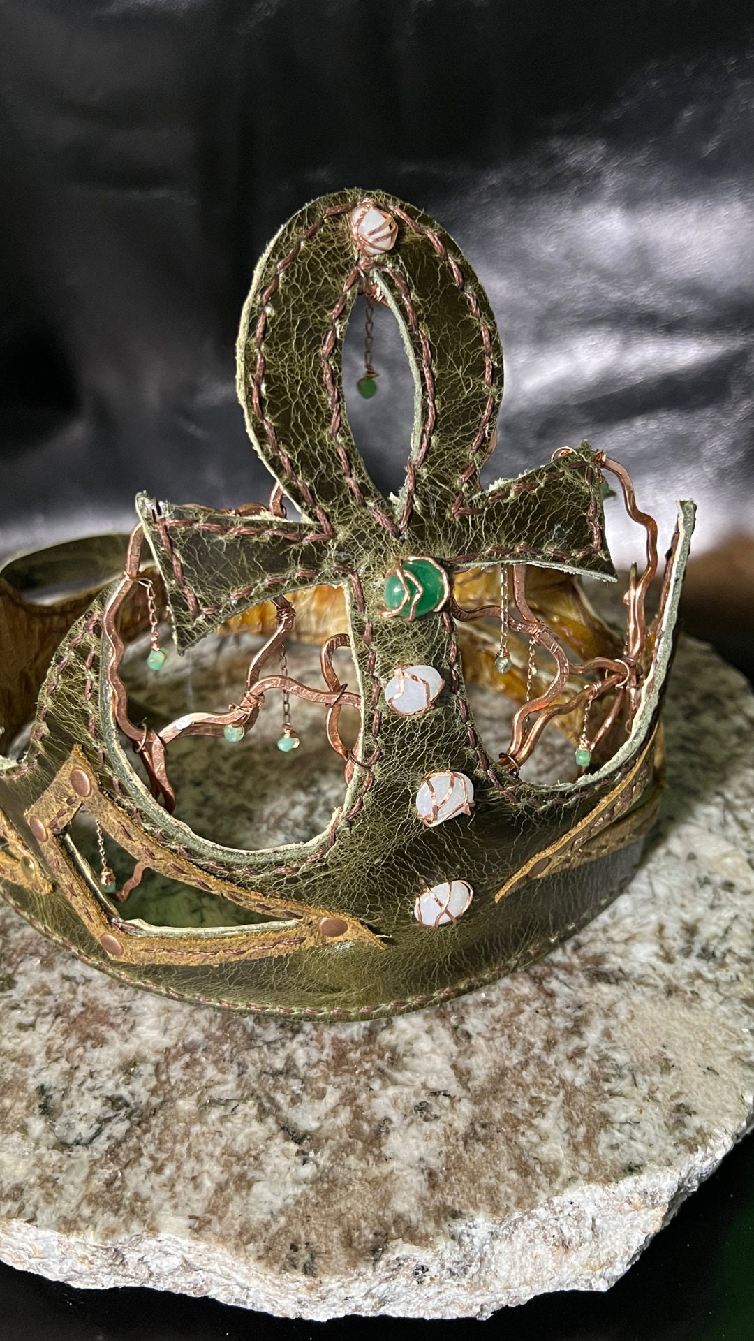 Green Leather Ankh Crown With Milky Quartz, Chrysocolla, and Green ...
