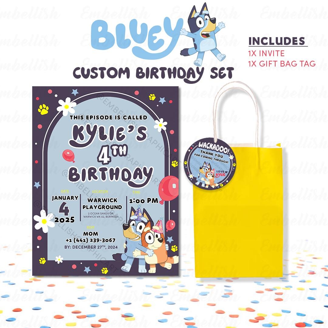 Bluey Custom Birthday Set - Personalized Invite + Gift Bag Tag - Etsy