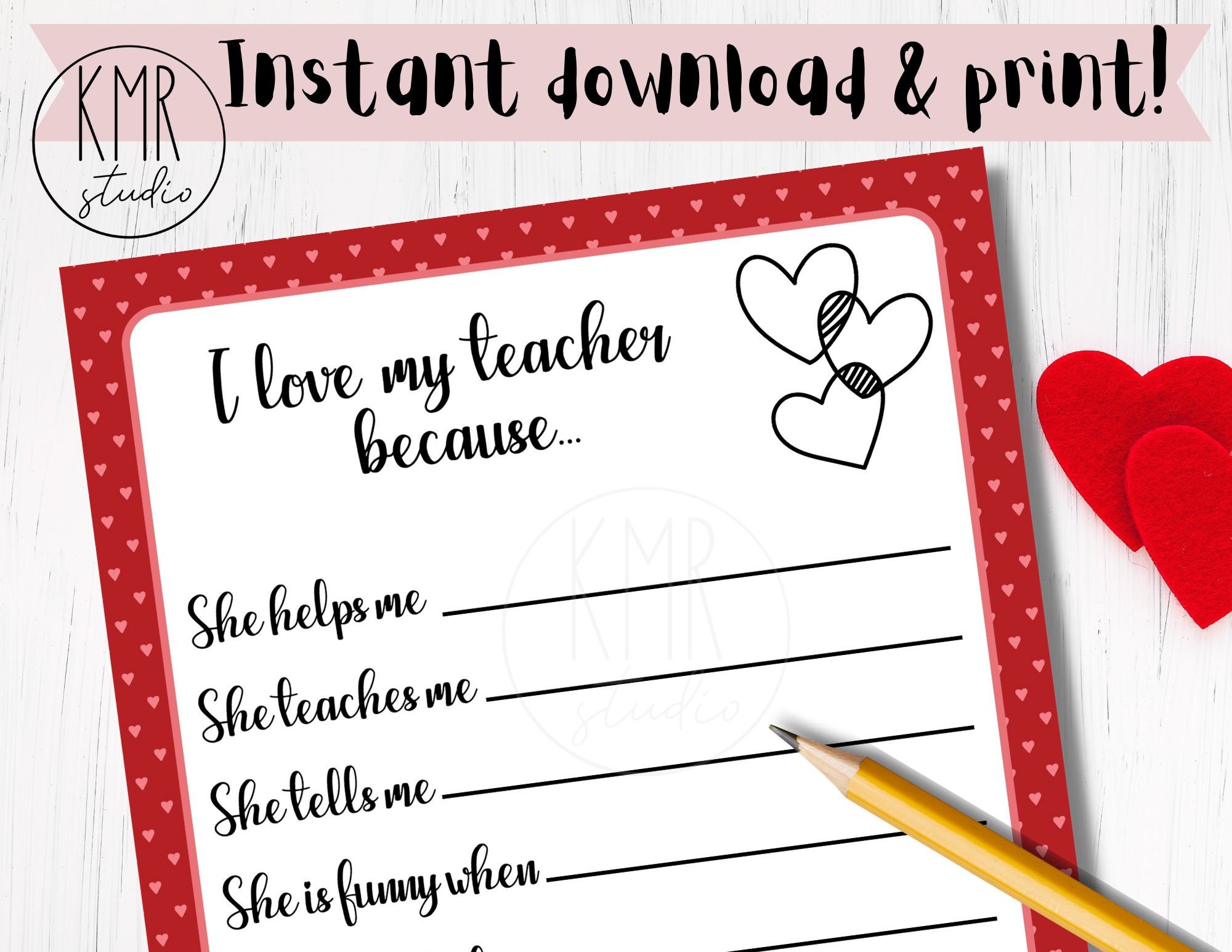 Valentine TEACHER Note/printout Instant Download & Print 8.5x11 Fill-in ...