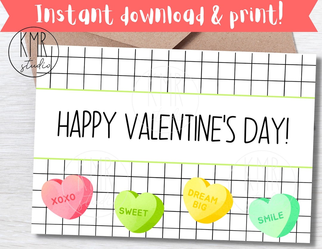 Valentine Candy Hearts CARD; Instant Download & Print! 4x6 Blank Folded ...
