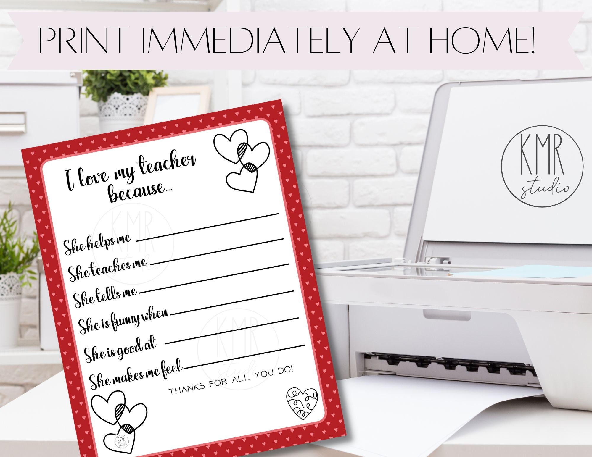 Valentine TEACHER Note/printout Instant Download & Print 8.5x11 Fill-in ...