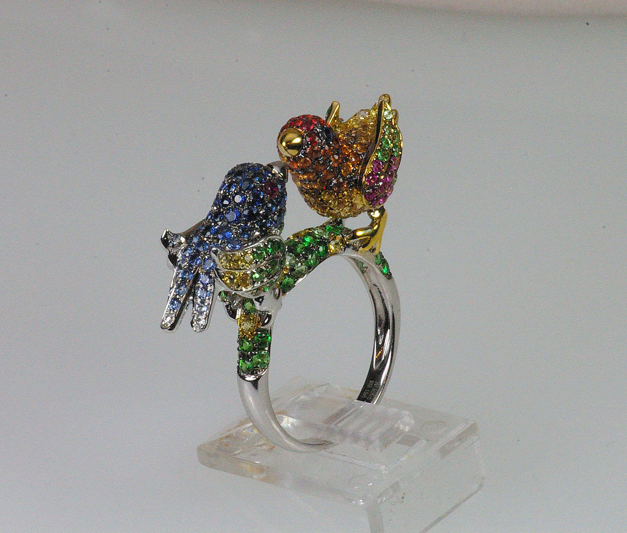 18k, Love Bird, Animal, Nature Ring, White Gold, Multi Gem, Multi Color ...