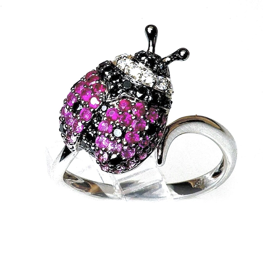 18K Ladybug Ring, Ruby, Black & White, Diamond, Pink Sapphire Insect - Etsy
