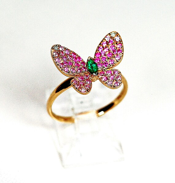18k gold butterfly ring emerald ruby pink sapphire rose gold nature statement ring Etsy