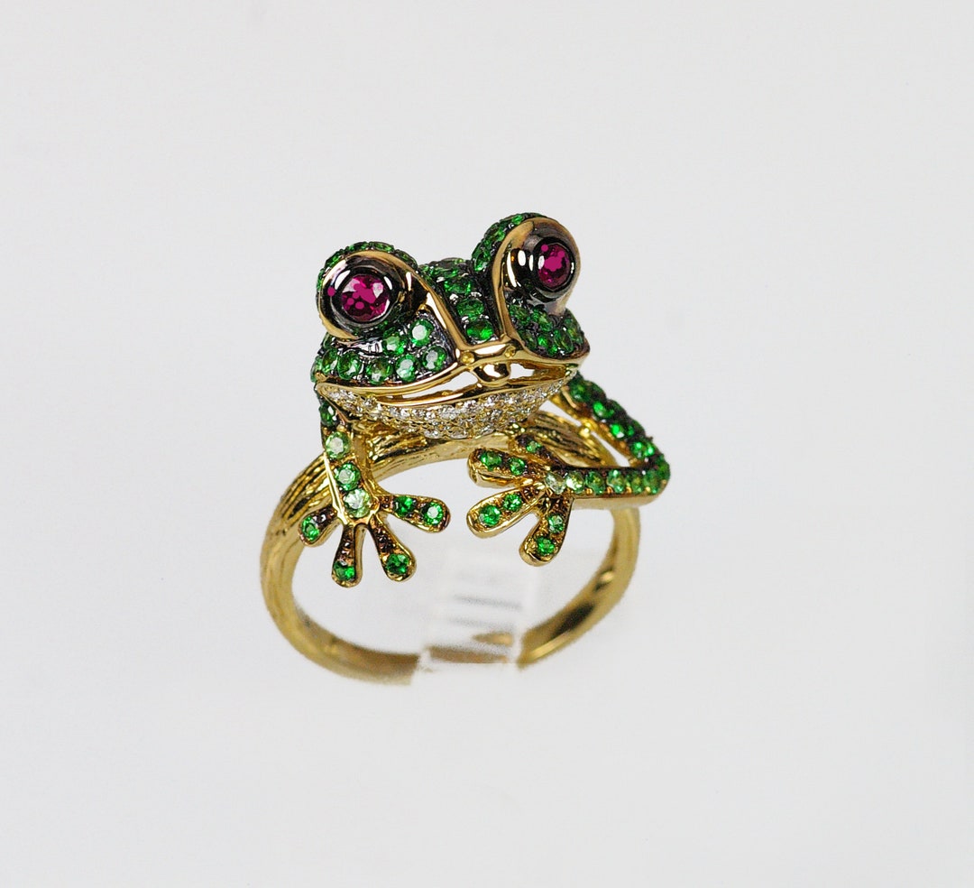 18k, Gold, Frog Ring, Ruby, Green Tsavorite Garnet, White Diamond ...
