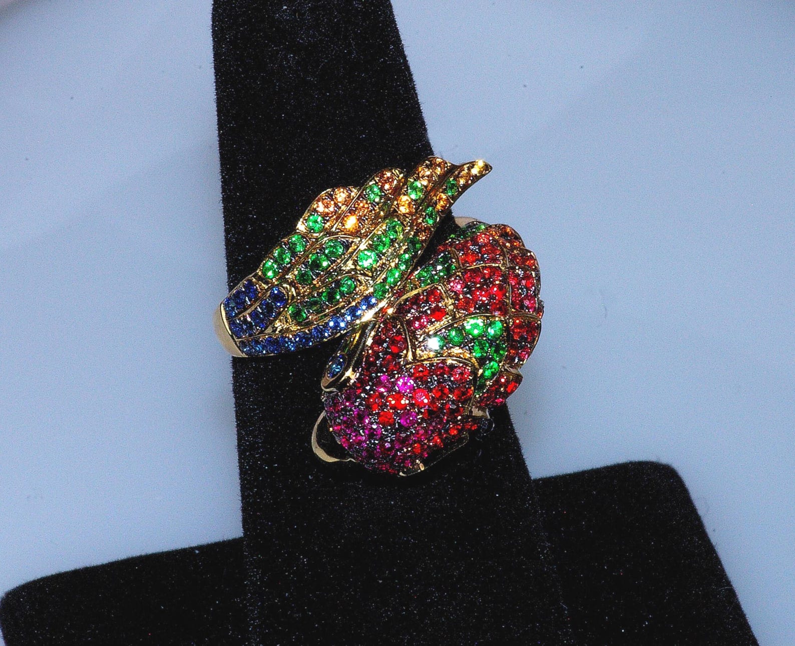 18k Bird Ring, Phoenix, Macaw, Parrot, Yellow Gold Shaded Multi Gem ...