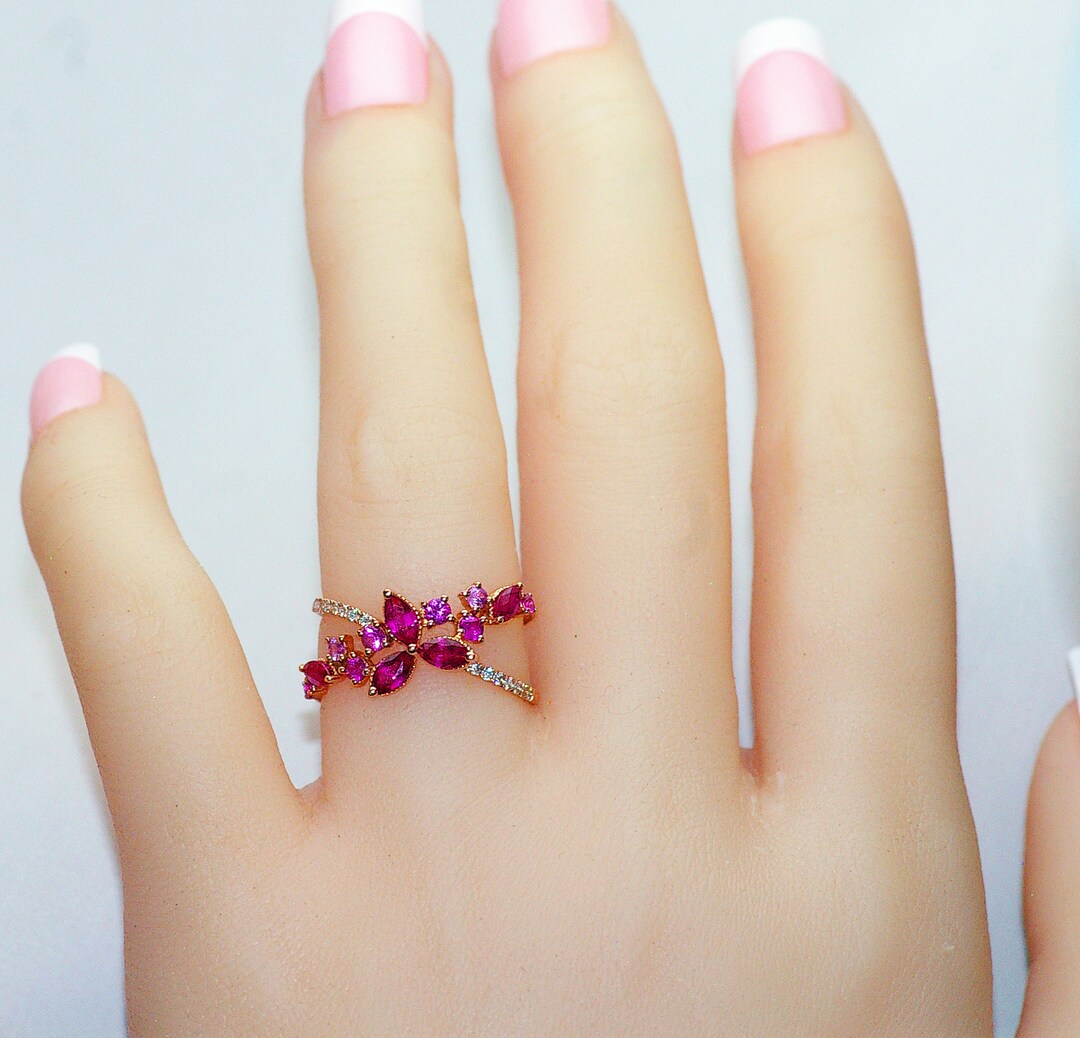 18k, Promise Wedding Ring, Ruby Pink Sapphire Diamond Criss Cross ...