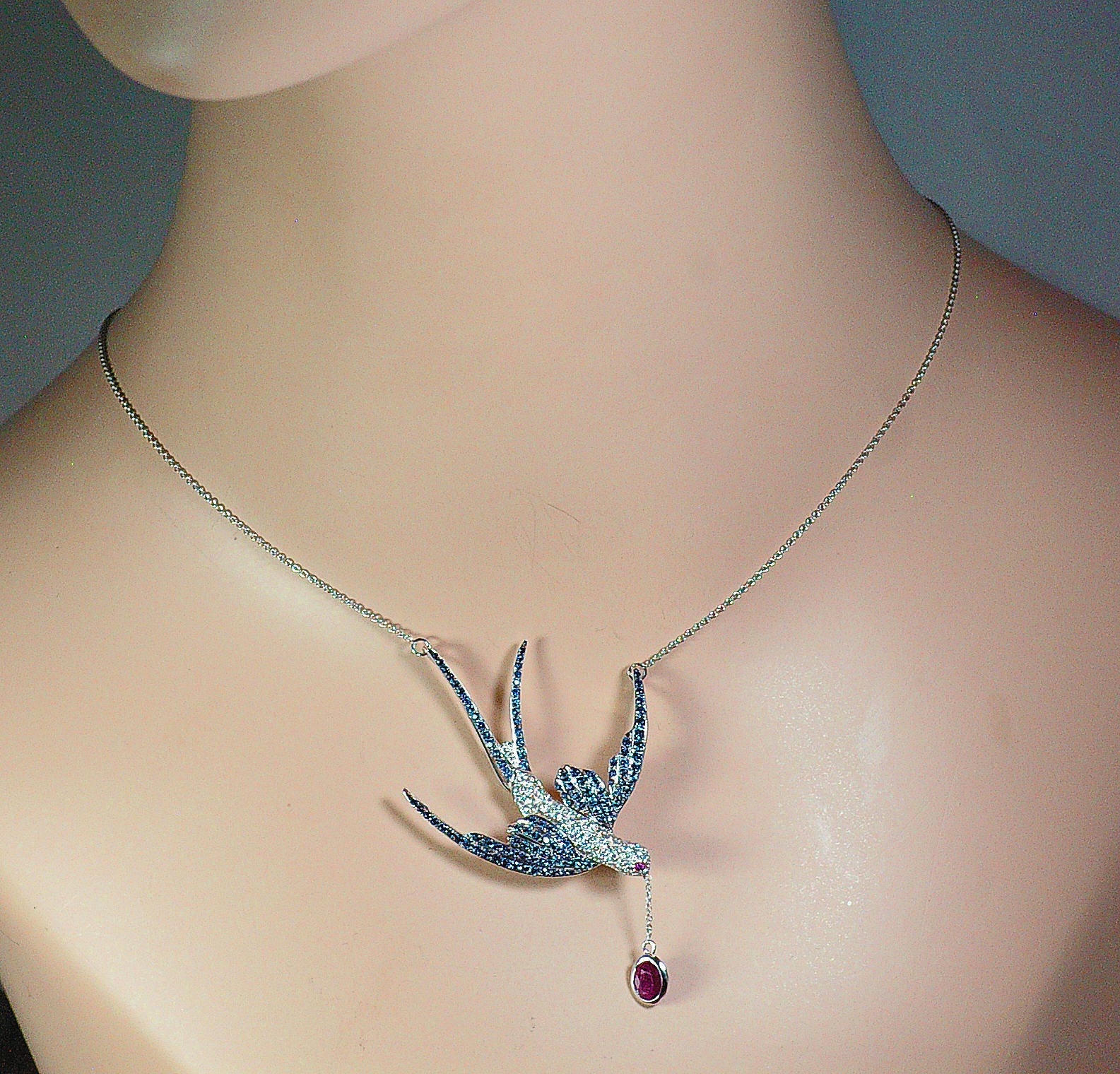 18k White Gold Swallow Blue Bird Pendant Necklace & Brooch, Ruby Blue ...