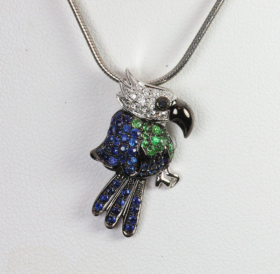 18k, Bird Pendant, Parrot, Macaw, White Gold, Multi Gem Diamond ...
