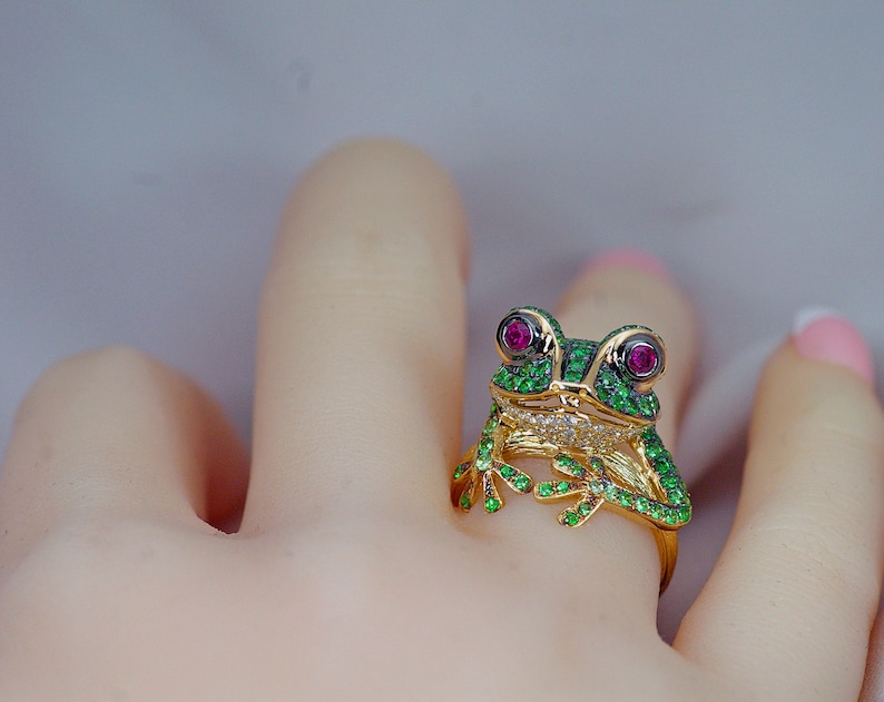 18k Gold, Frog Ring, Ruby, Green Tsavorite Garnet, White Diamond, We're ...