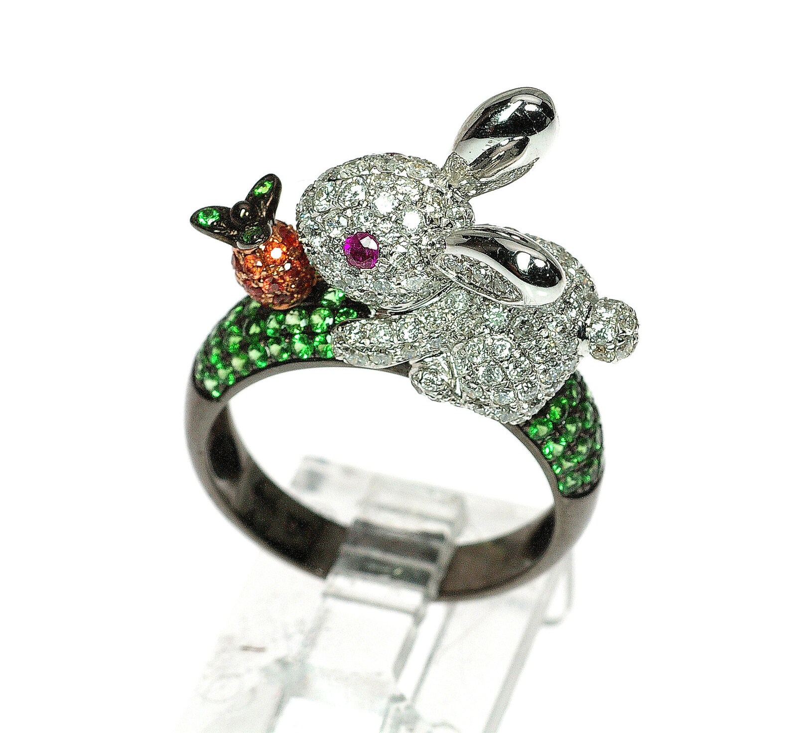 18k, Bunny Rabbit Ring, Sapphire Ruby Green Tsavorite Garnet Orange ...