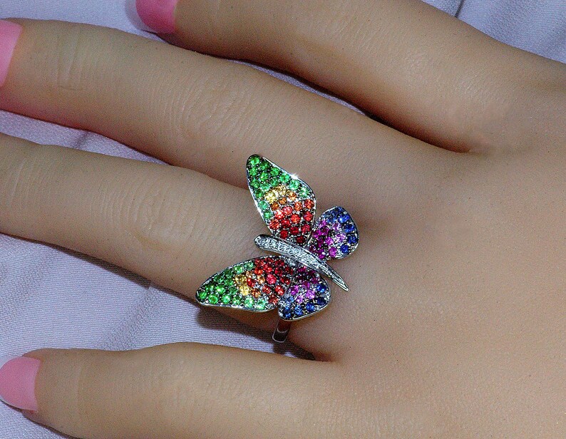 18k Multi Gem, Butterfly Ring, White Gold, Diamond, Multi Sapphire ...