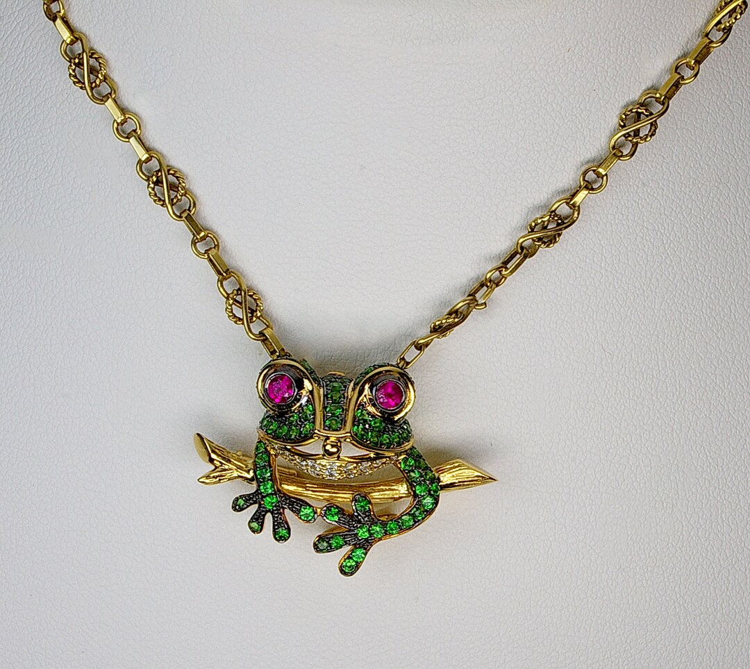 18k, Gold Frog Pendant, Animal Nature, Brooch, Yellow Gold, Ruby Green ...