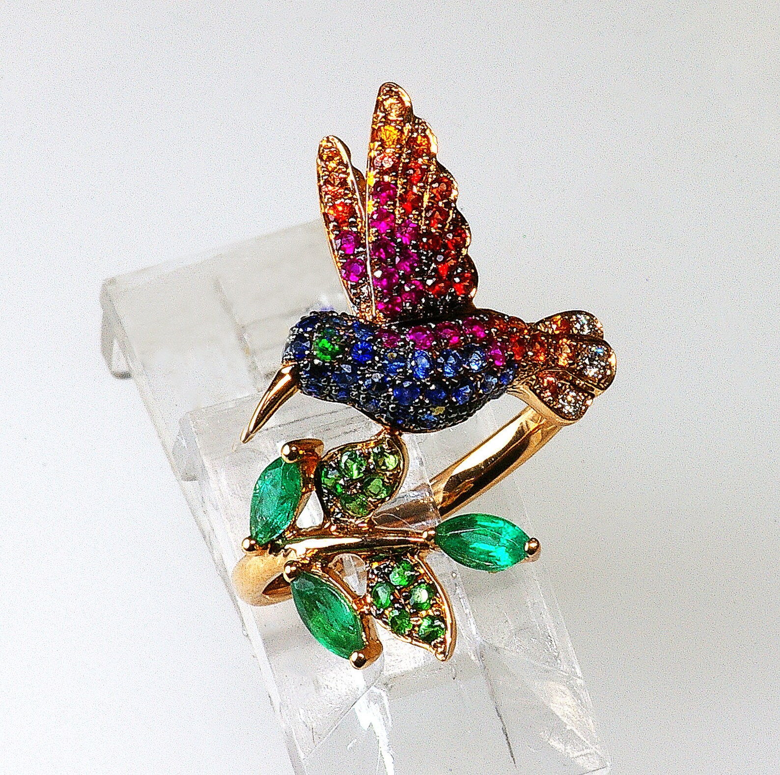 18K Gold, Hummingbird Bird Ring, Emerald, Blue Sapphire, Green Garnet ...