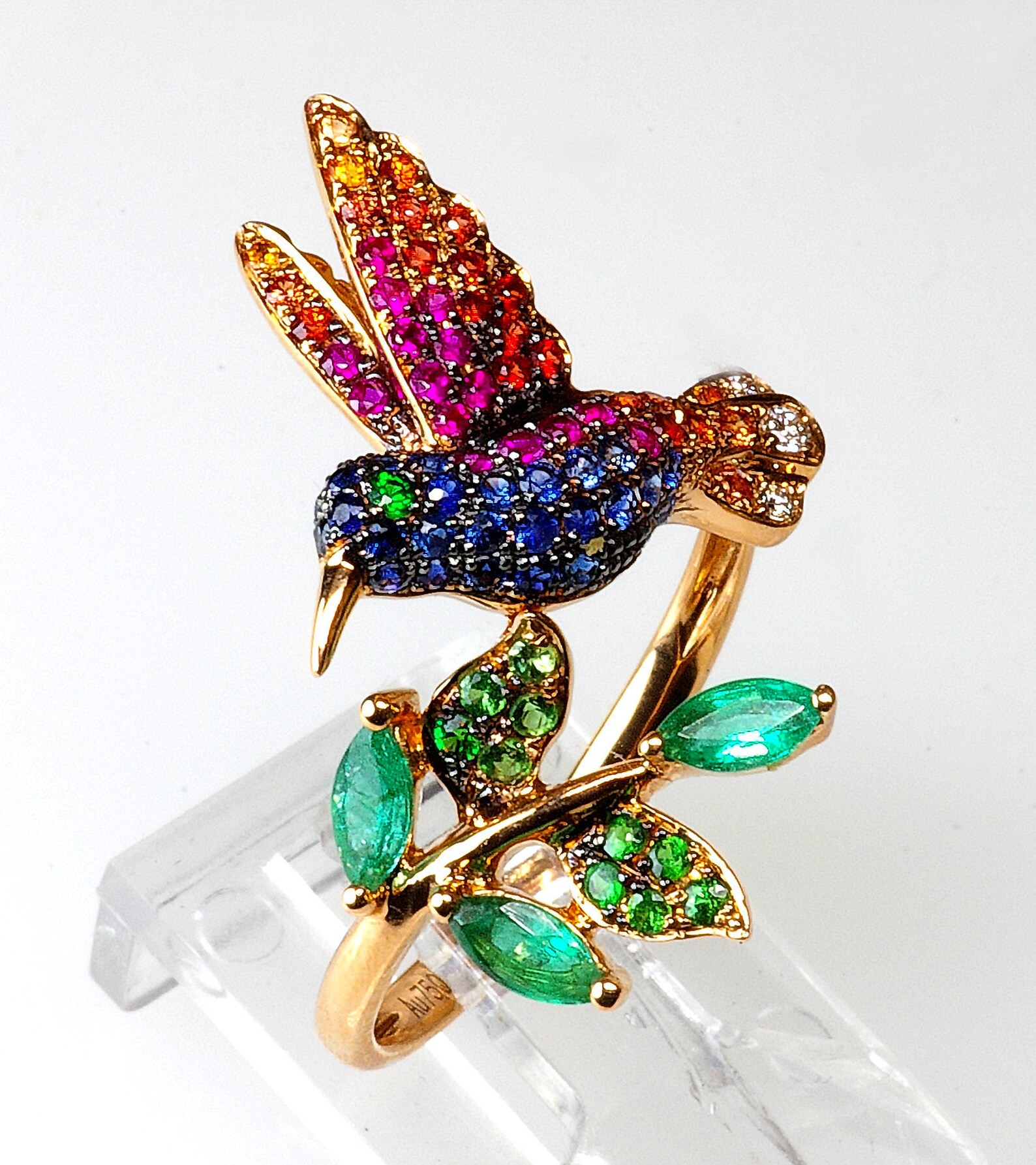 18K Gold, Hummingbird Bird Ring, Emerald, Blue Sapphire, Green Garnet ...