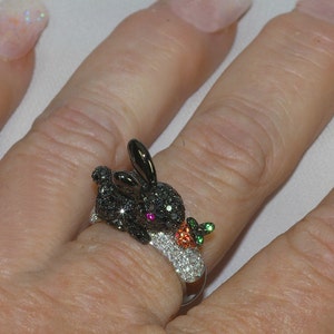 18k Bunny Rabbit Ring, White Gold Diamond, Animal Nature, Multi Color ...