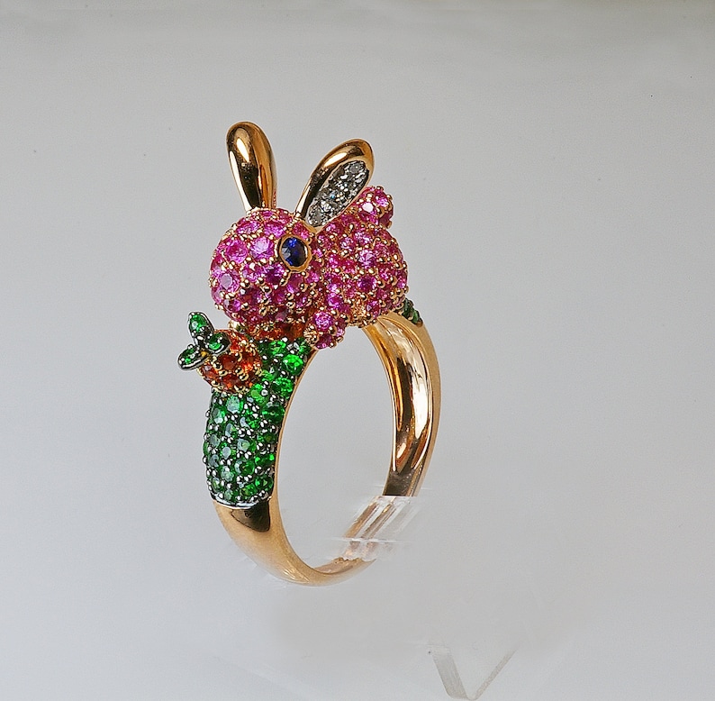 18k Pink Sapphire, Baby Bunny, Rabbit Ring, White Diamond Ruby Green ...