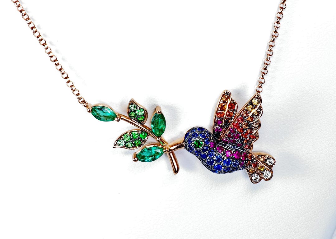 18K Hummingbird Bird, Pendant, Emerald, Blue Sapphire, Green Garnet ...