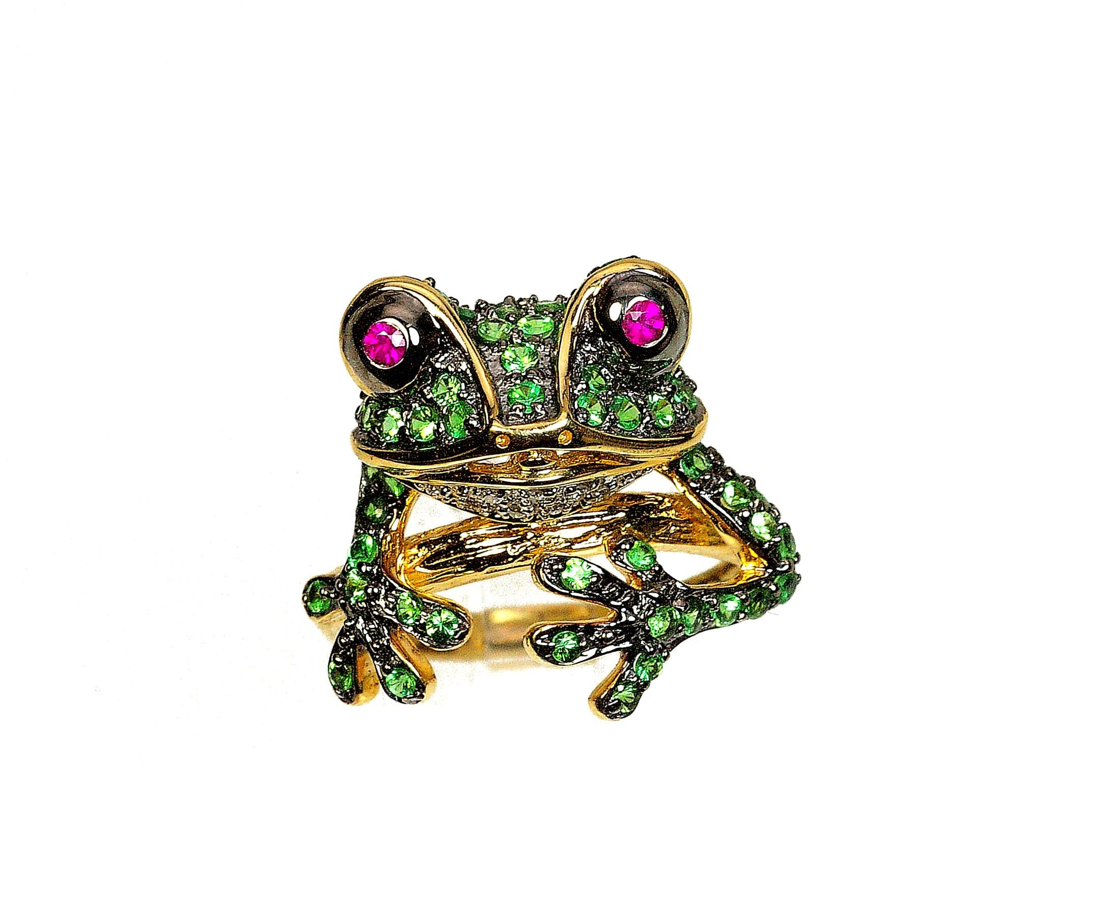 18k Gold, Frog Ring, Ruby, Green Tsavorite Garnet, White Diamond, We're ...