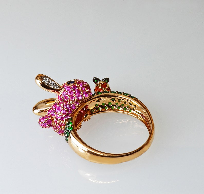18k Pink Sapphire, Baby Bunny, Rabbit Ring, White Diamond Ruby Green ...