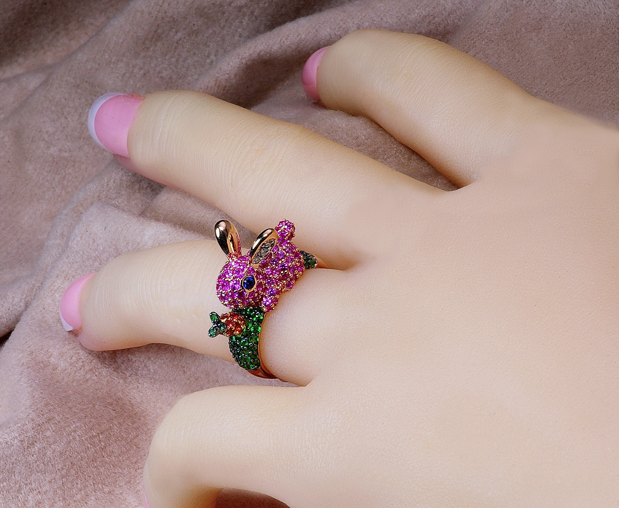 18k Pink Sapphire, Baby Bunny, Rabbit Ring, White Diamond Ruby Green ...