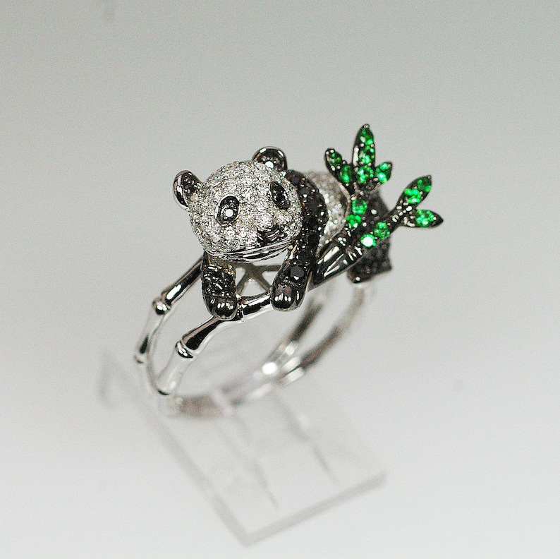 18k Black White Diamond Asian Panda Bear Ring, White Gold Designer ...
