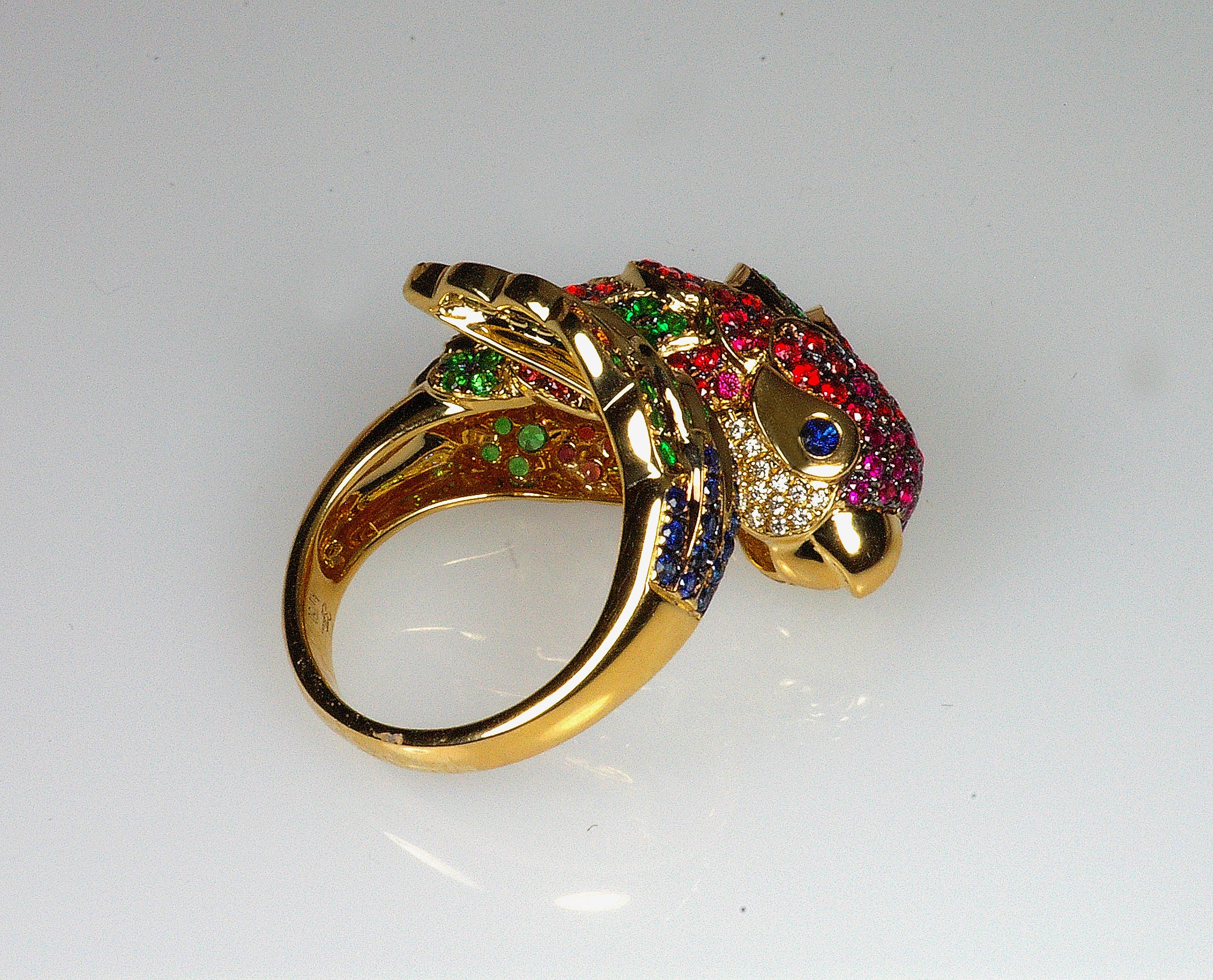 18k Bird Ring, Phoenix, Macaw, Parrot, Yellow Gold Shaded Multi Gem ...