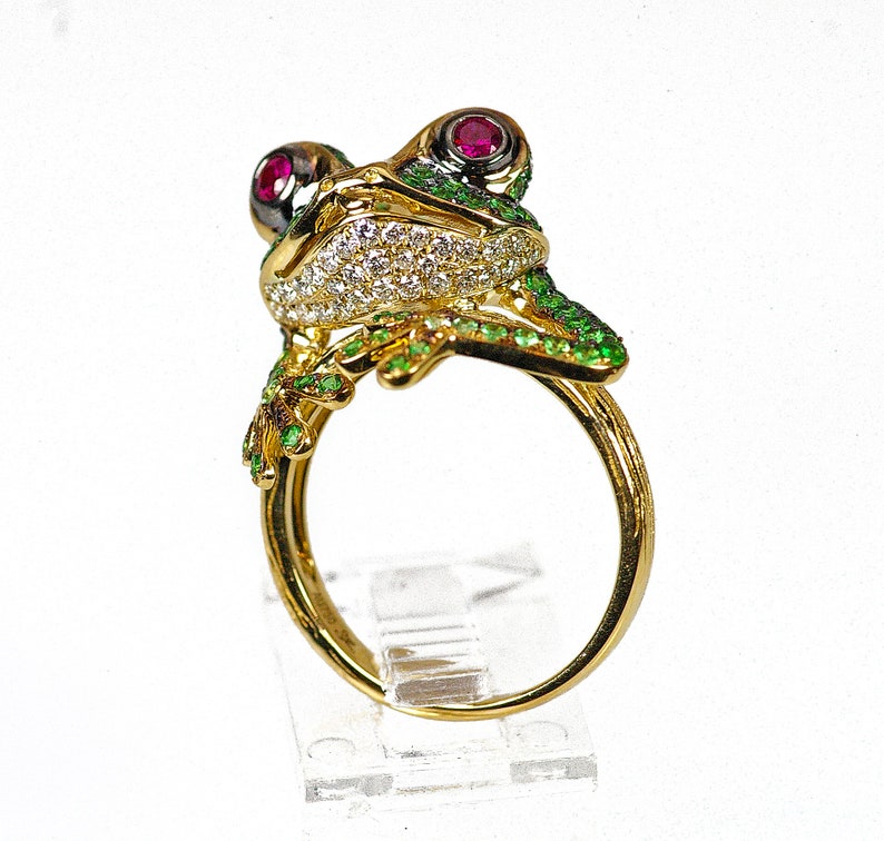 18k Gold, Frog Ring, Ruby, Green Tsavorite Garnet, White Diamond, We're ...