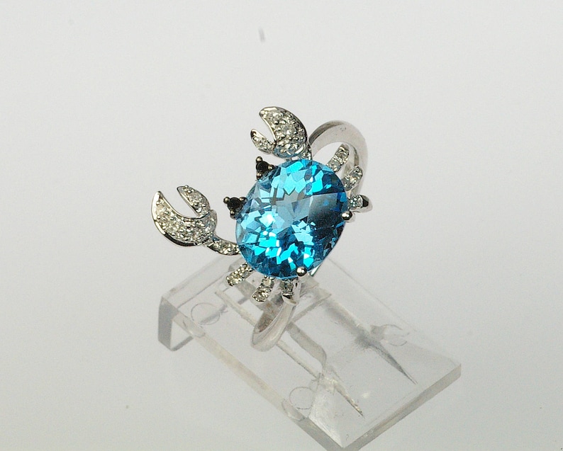14k Crab Ring, Swiss Blue Topaz, Aquatic Tropical Nature, Quantum Cut ...