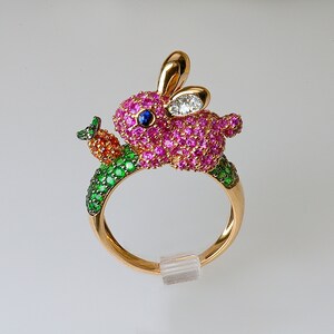 18k Bunny Rabbit Ring, White Gold Diamond, Animal Nature, Multi Color ...