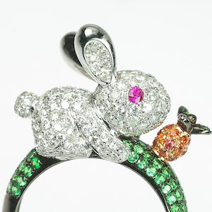 18k Bunny Rabbit Ring, White Gold Diamond, Animal Nature, Multi Color ...