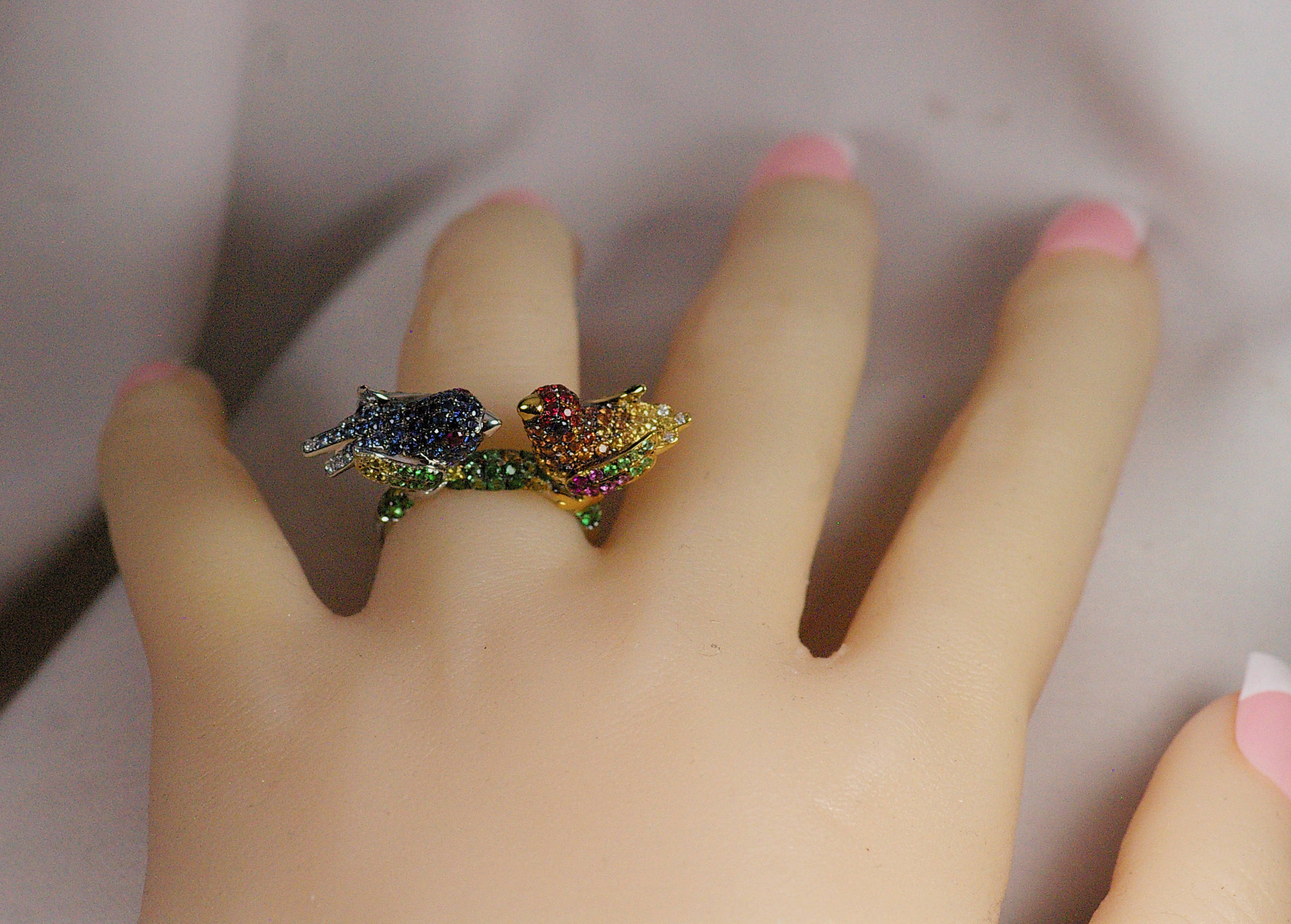 18k, Love Bird, Animal, Nature Ring, White Gold, Multi Gem, Multi Color ...