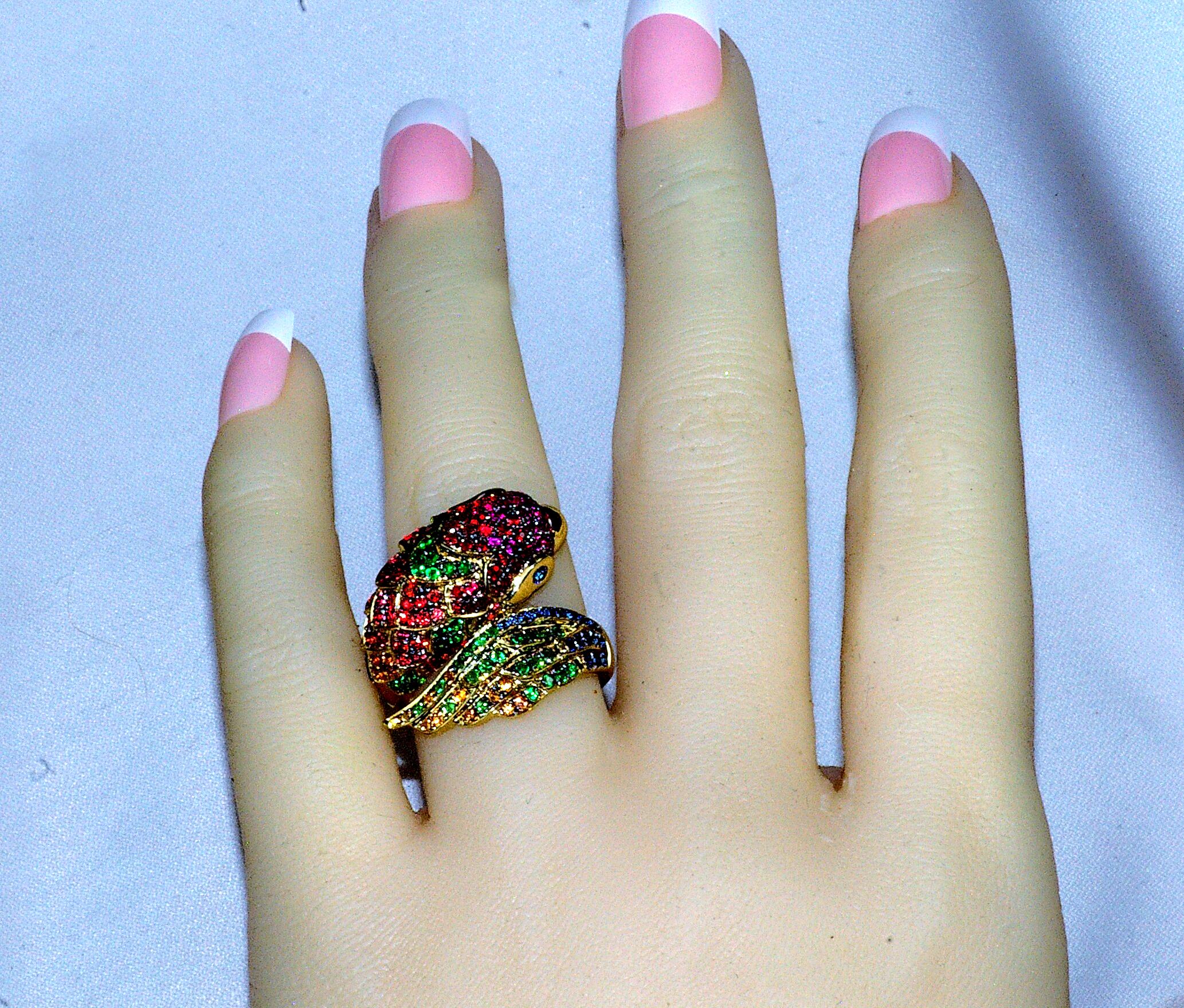 18k Bird Ring, Phoenix, Macaw, Parrot, Yellow Gold Shaded Multi Gem ...