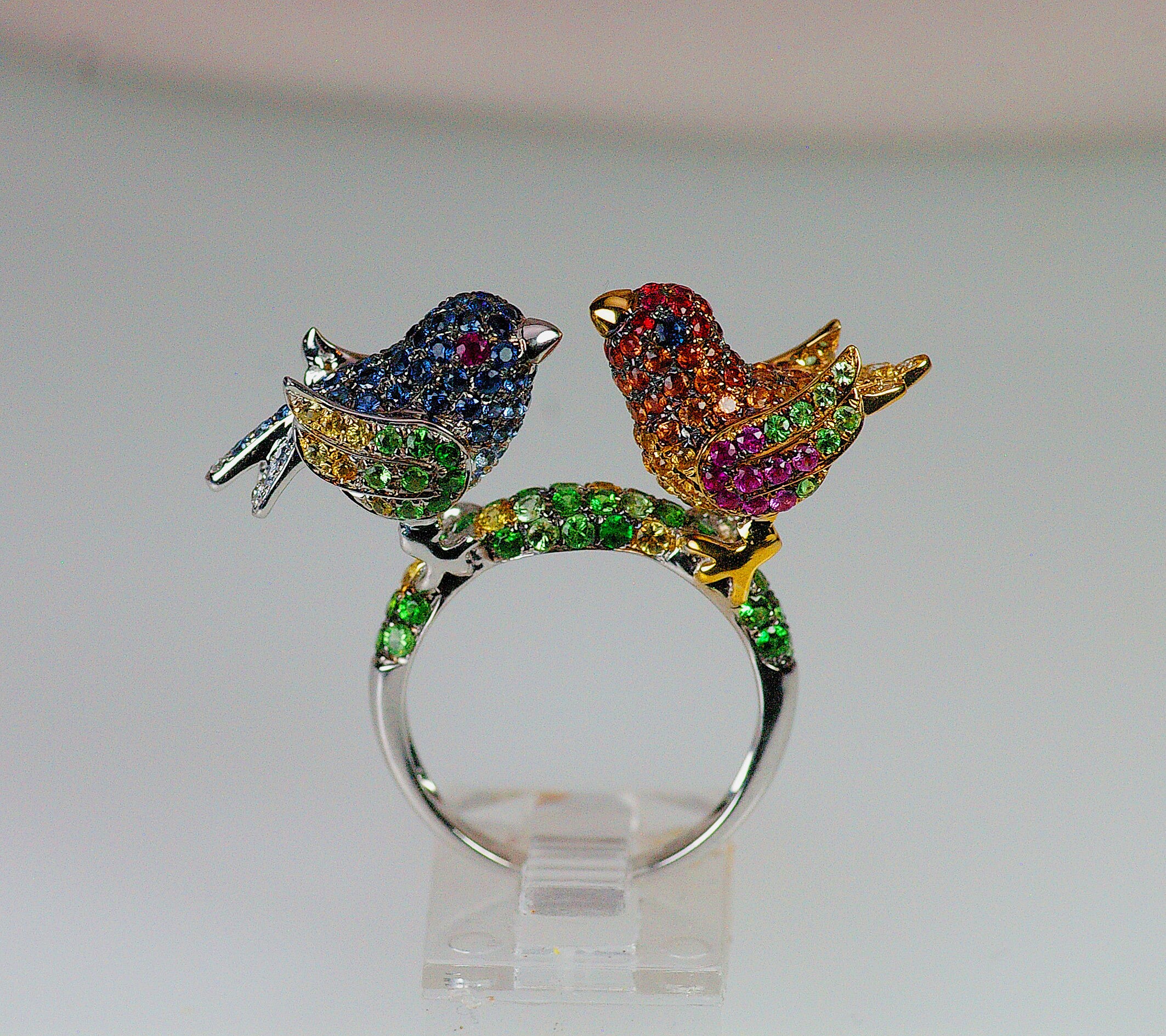 18k, Love Bird, Animal, Nature Ring, White Gold, Multi Gem, Multi Color ...