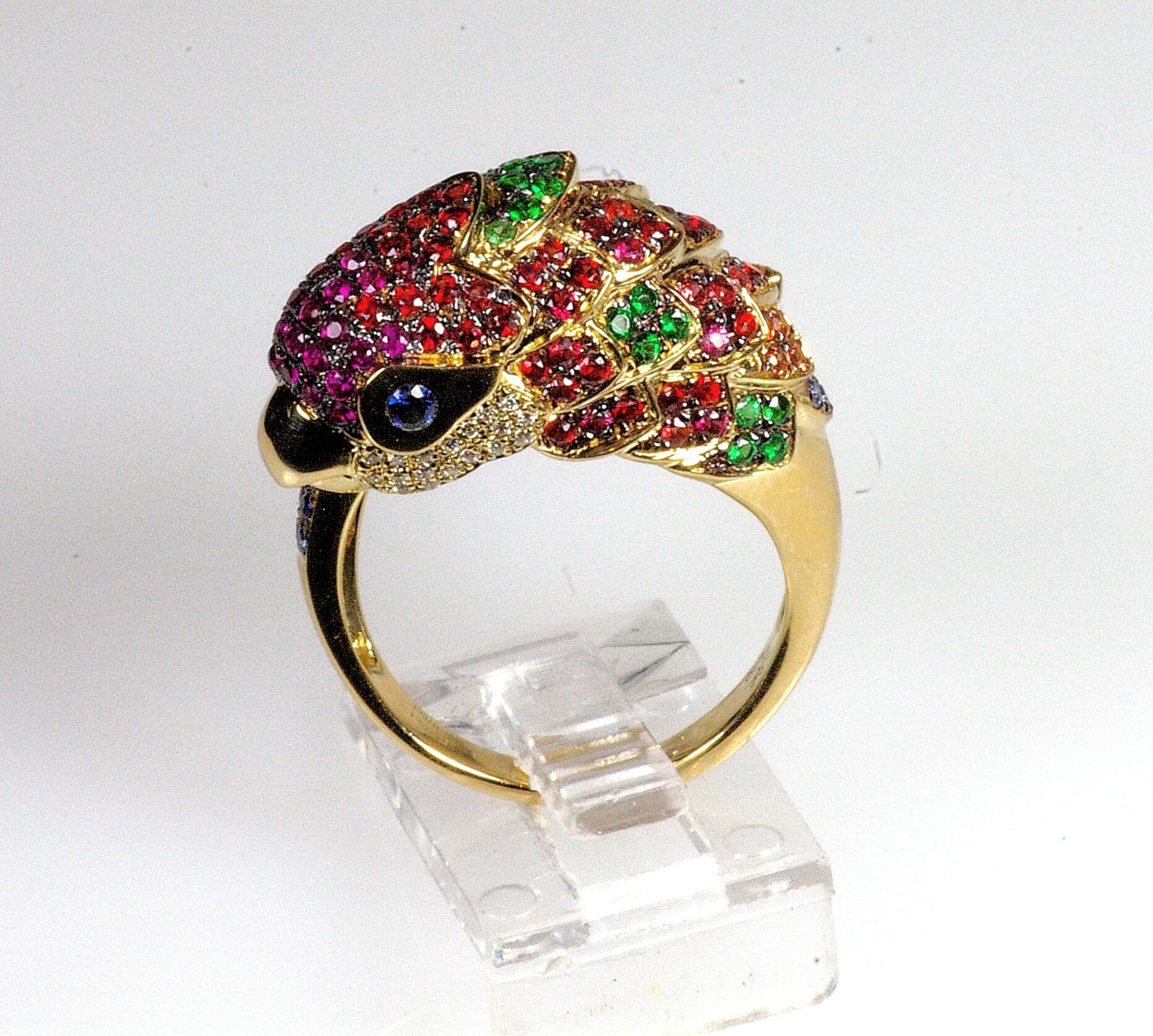 18k Bird Ring, Phoenix, Macaw, Parrot, Yellow Gold Shaded Multi Gem ...