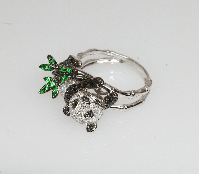 18k Black White Diamond Asian Panda Bear Ring, White Gold Designer ...