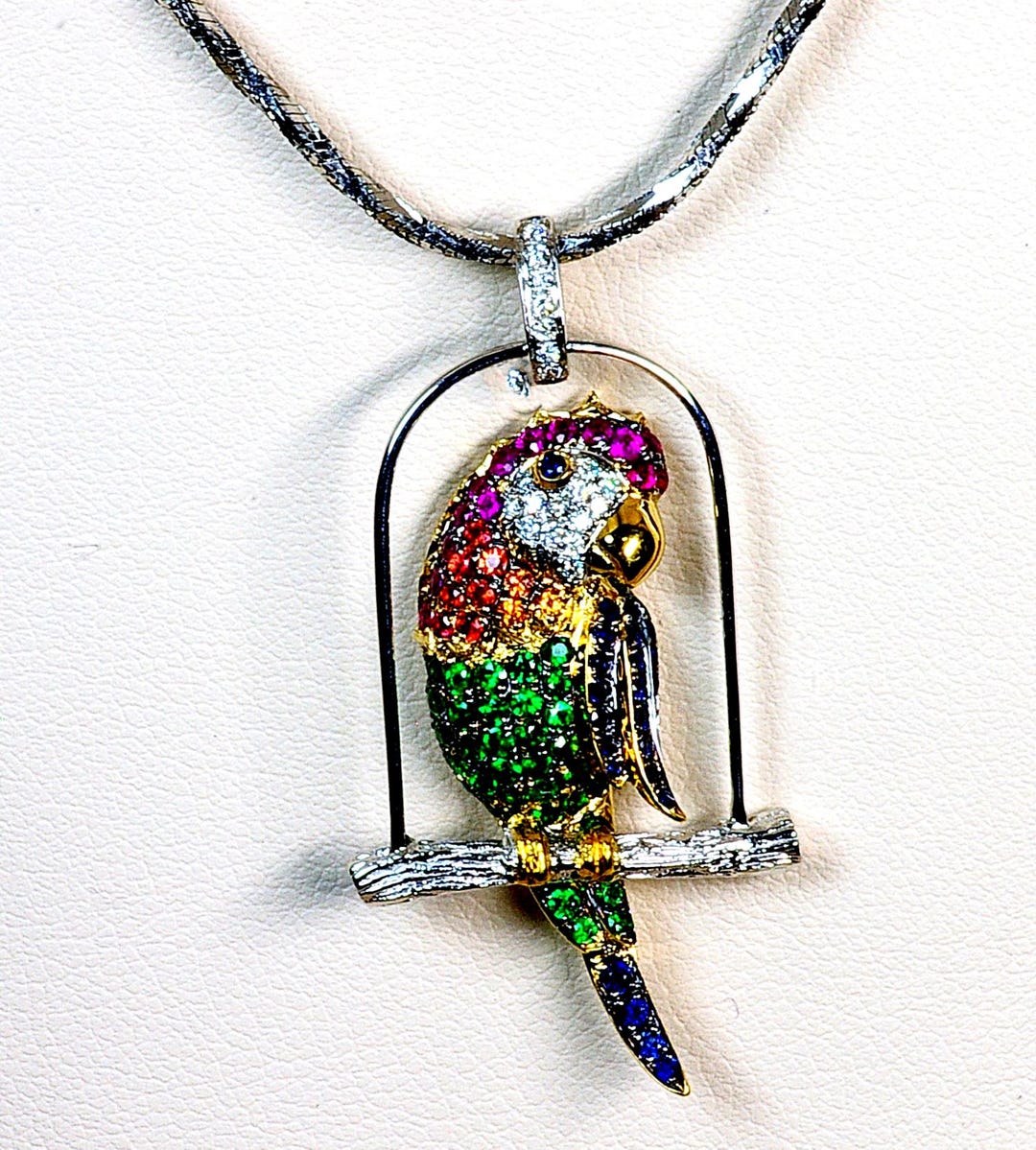 18k, Bird Pendant, Cockatiel, Parrot, Macaw, Tropical Bird, Multi Gem ...