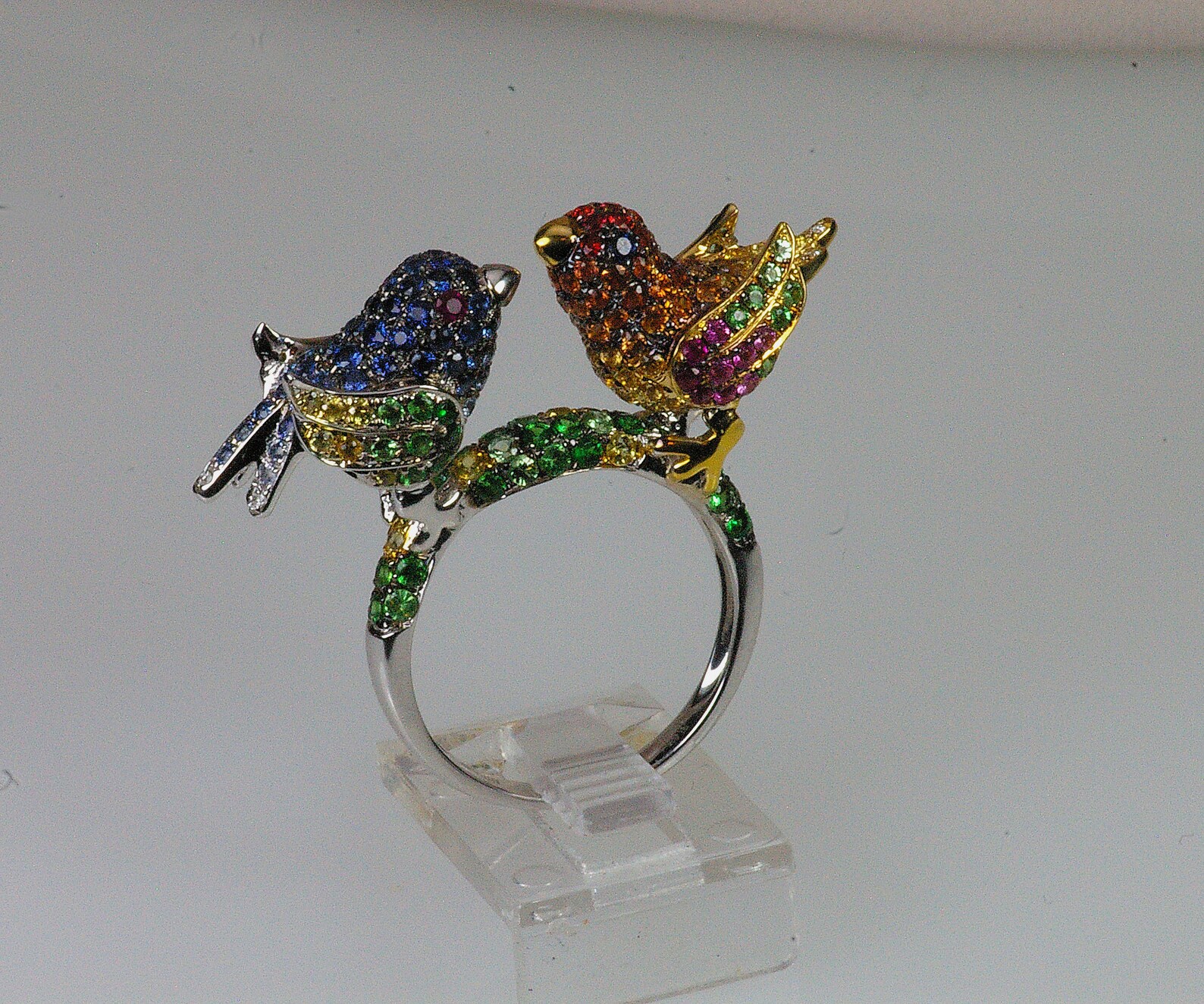 18k, Love Bird, Animal, Nature Ring, White Gold, Multi Gem, Multi Color ...