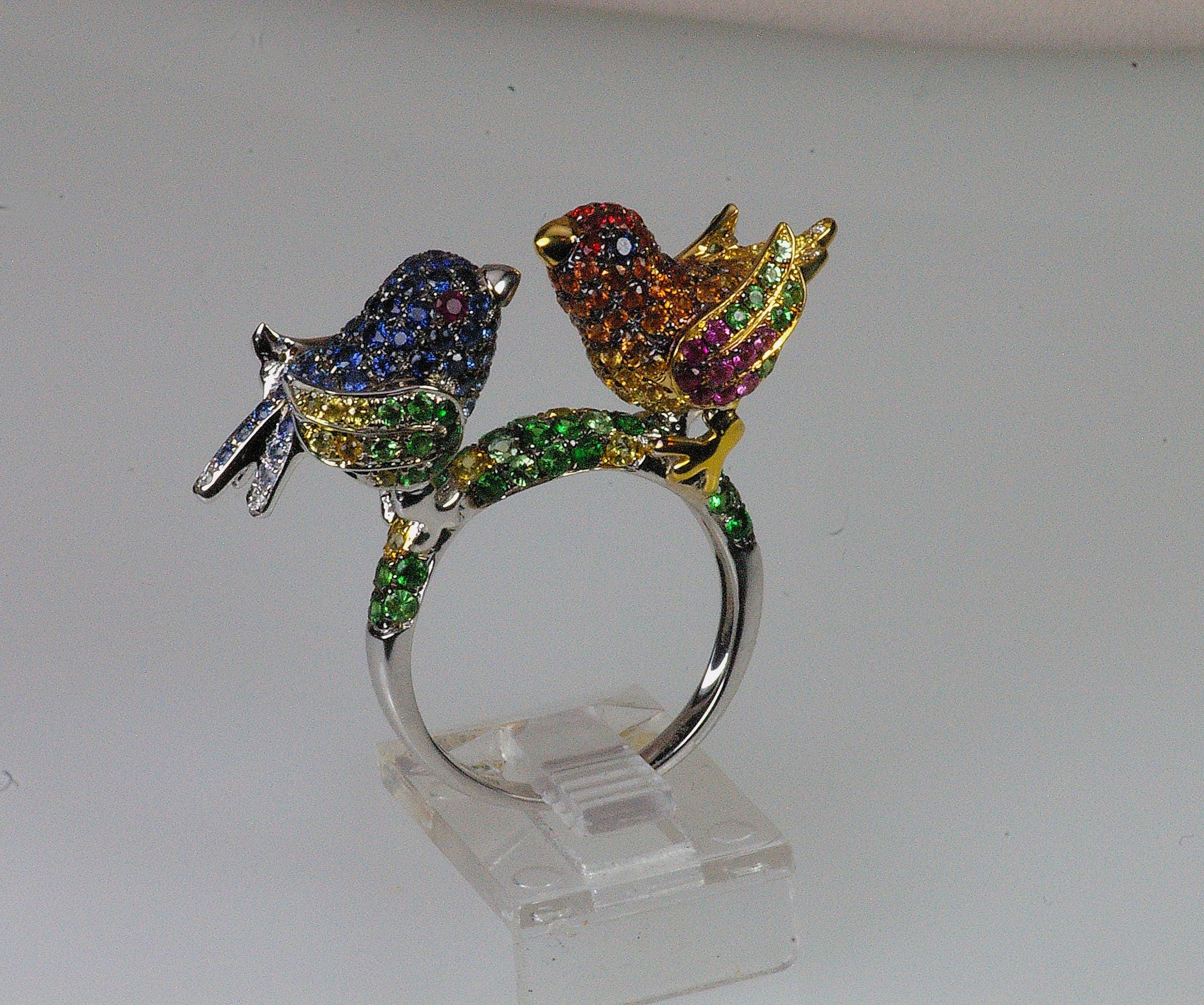 18k, Love Bird, Animal, Nature Ring, White Gold, Multi Gem, Multi Color ...