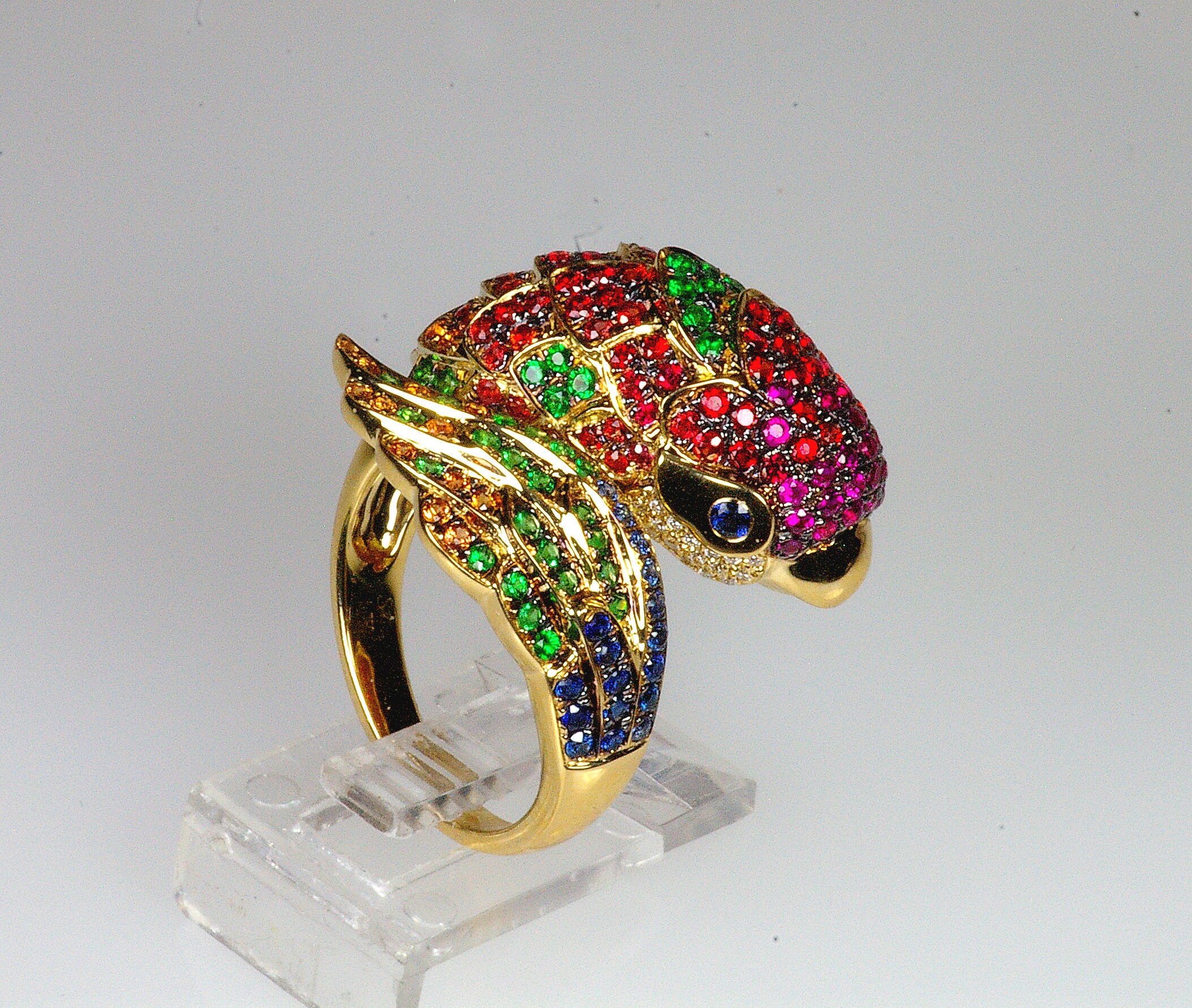 18k Bird Ring, Phoenix, Macaw, Parrot, Yellow Gold Shaded Multi Gem ...
