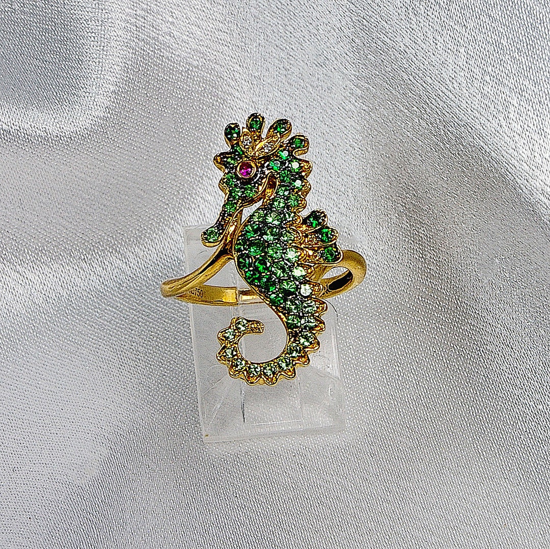 18k Seahorse Ring, Green Garnet, Ruby, Diamond, Nature Aquatic, Yellow ...